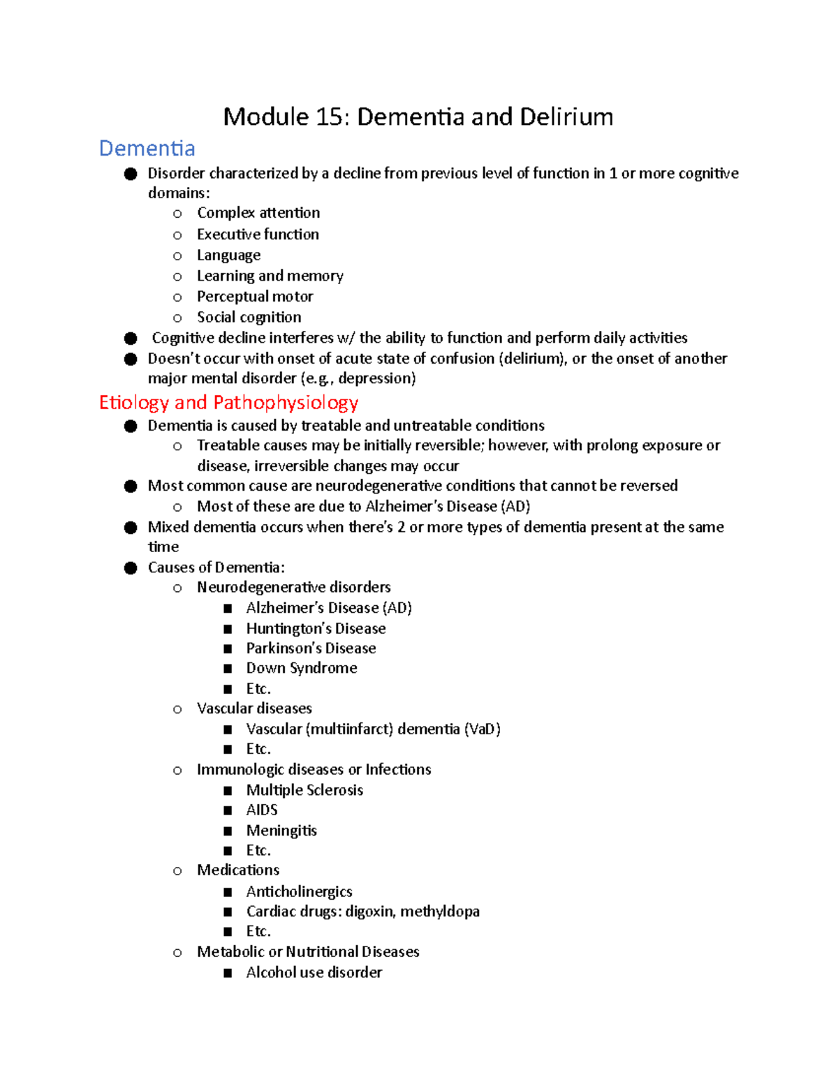 Module 15: Dementia and Delirium - Comprehensive Study Notes - Studocu