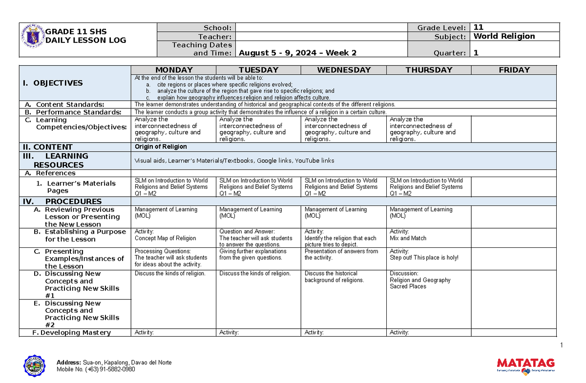 Grade 11 World Religion DLL: Daily Lesson Log for Aug 5-9, 2024 - Studocu