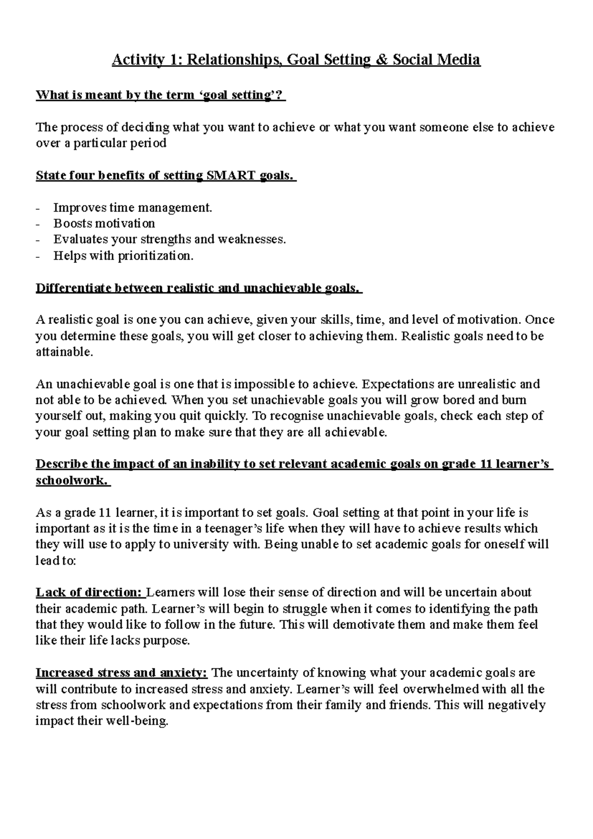 Life orientation assignment fairbairn grade 11 - Activity 1 ...