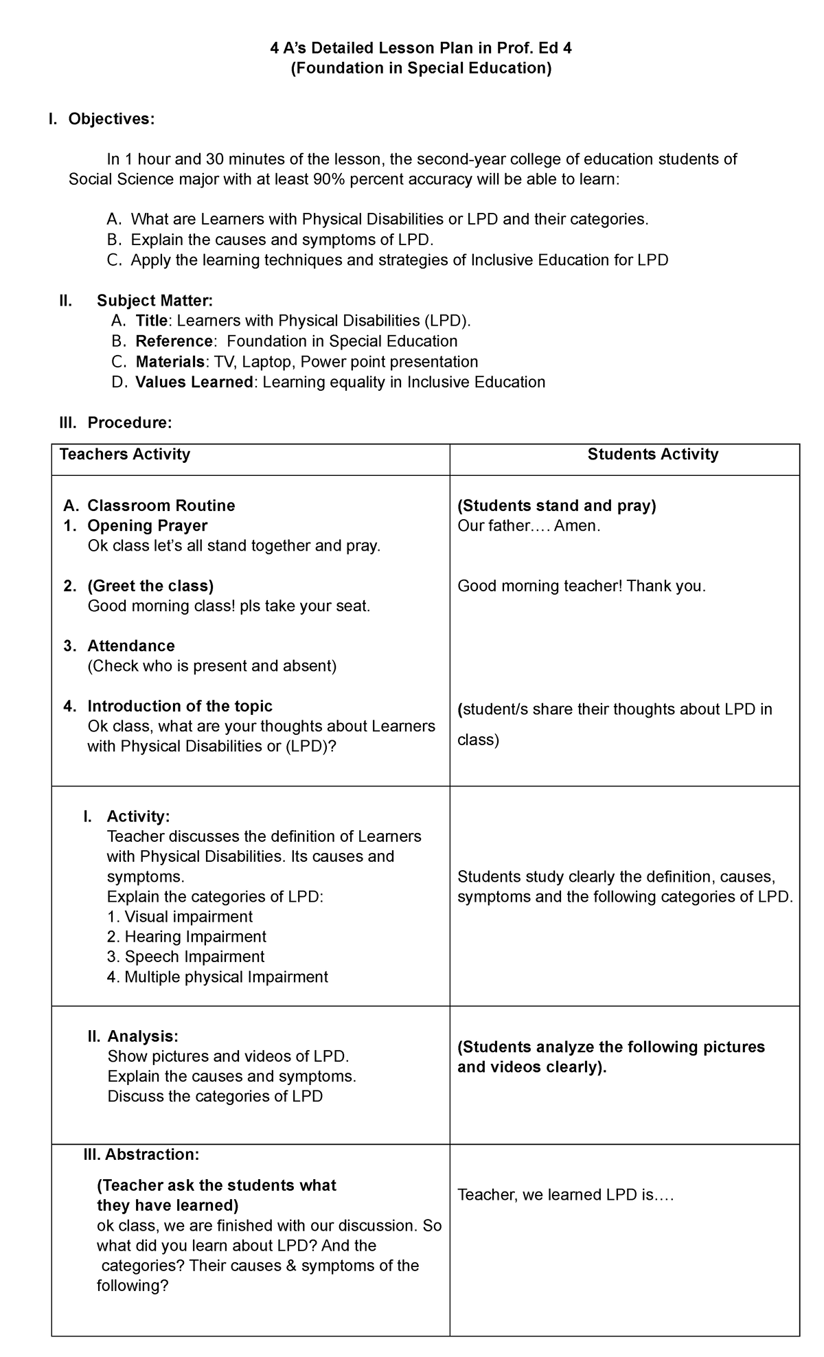 4As Lesson Plan: Learners with Physical Disabilities in Prof. Ed 4 ...