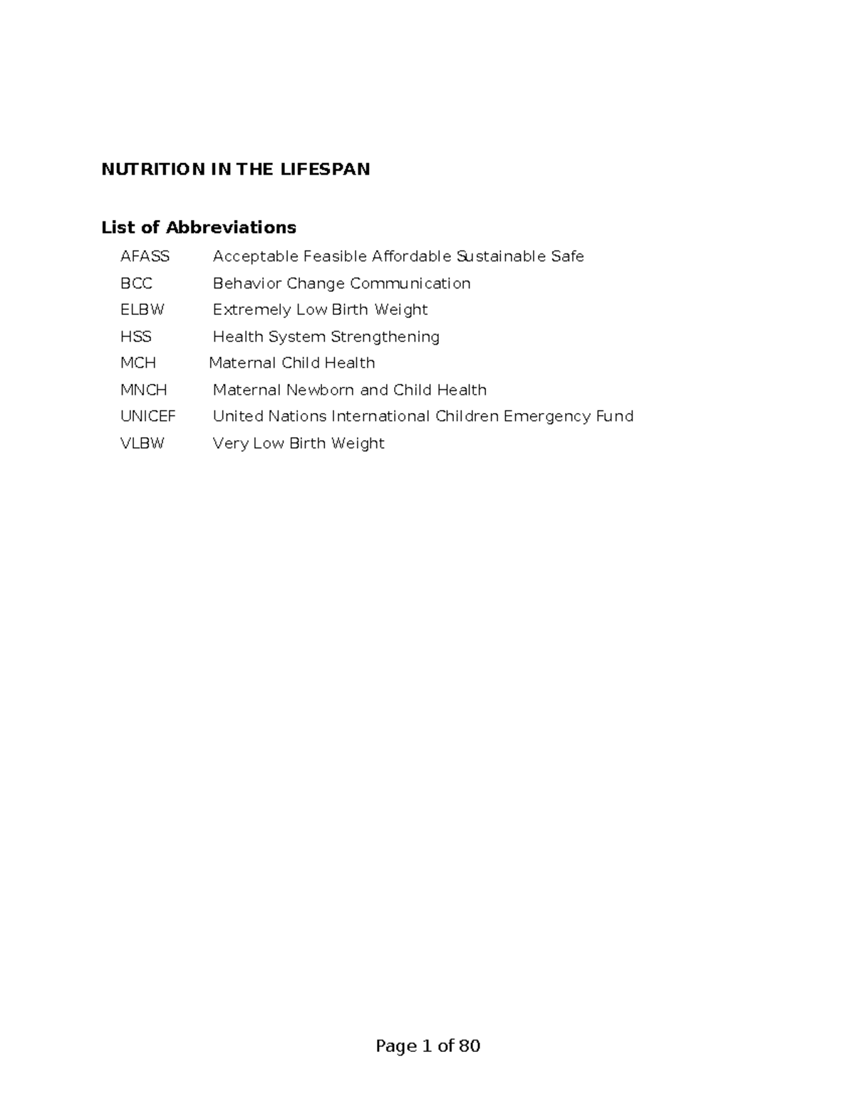 NUTRITION IN THE LIFESPAN: Comprehensive Guide and Abbreviations - Studocu