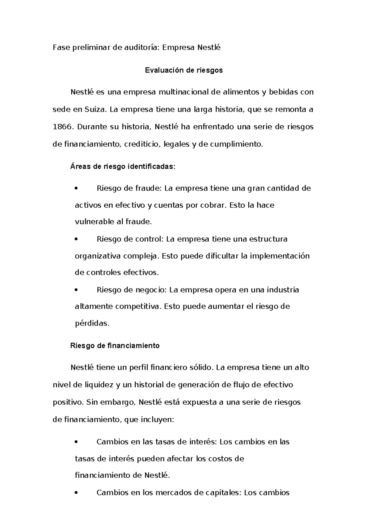 Evaluación de Riesgos en la Auditoría Preliminar de Nestlé - Studocu