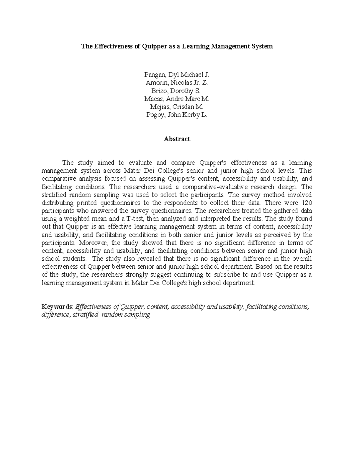 Study on the Effectiveness of Quipper LMS at Mater Dei College (2022-2023) - Studocu