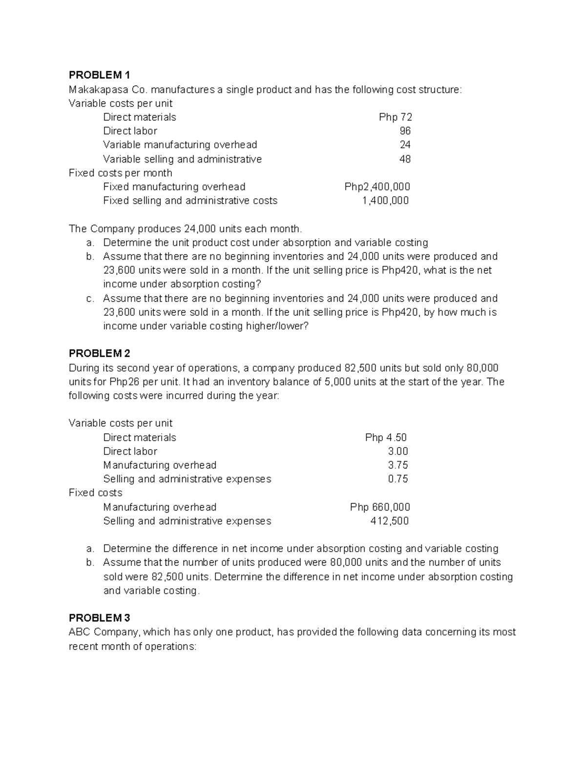 ABS-VAR Practice Problems: Costing Methods Analysis - Studocu
