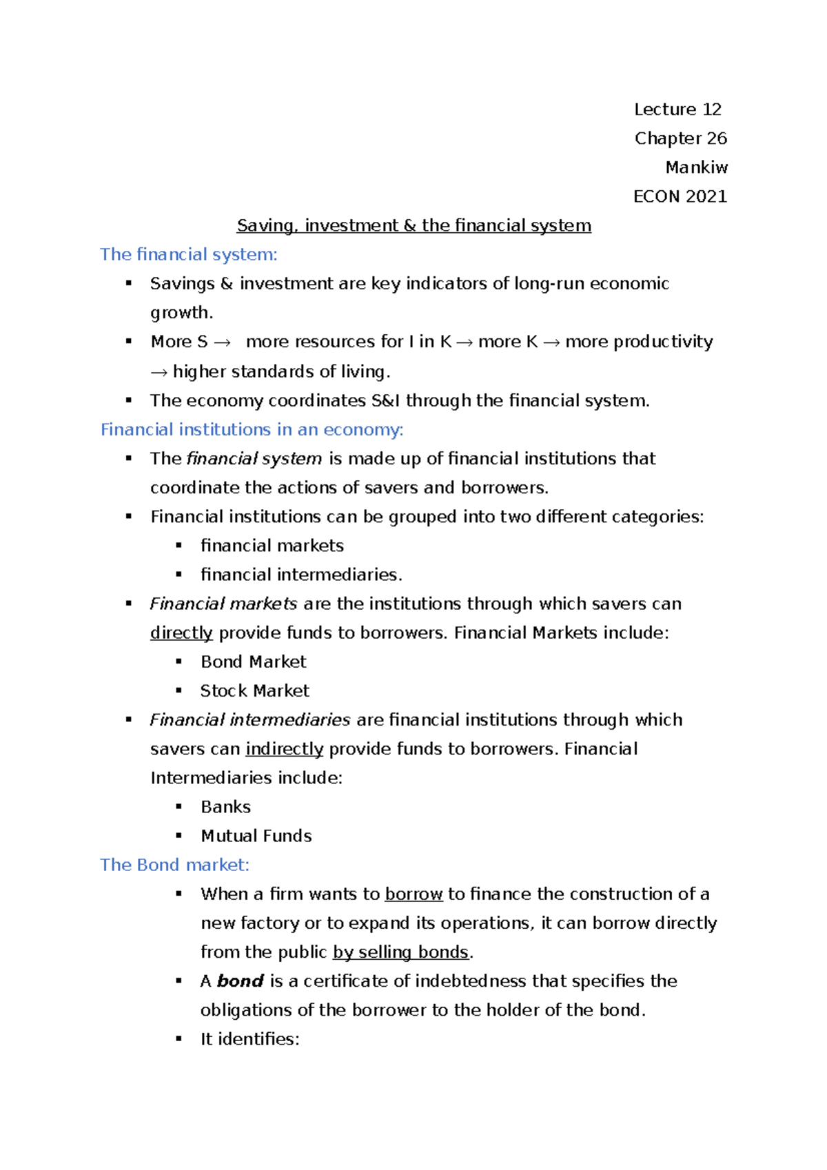 Lecture 12 - Lecture 12 Chapter 26 Mankiw ECON 2021 Saving, investment ...