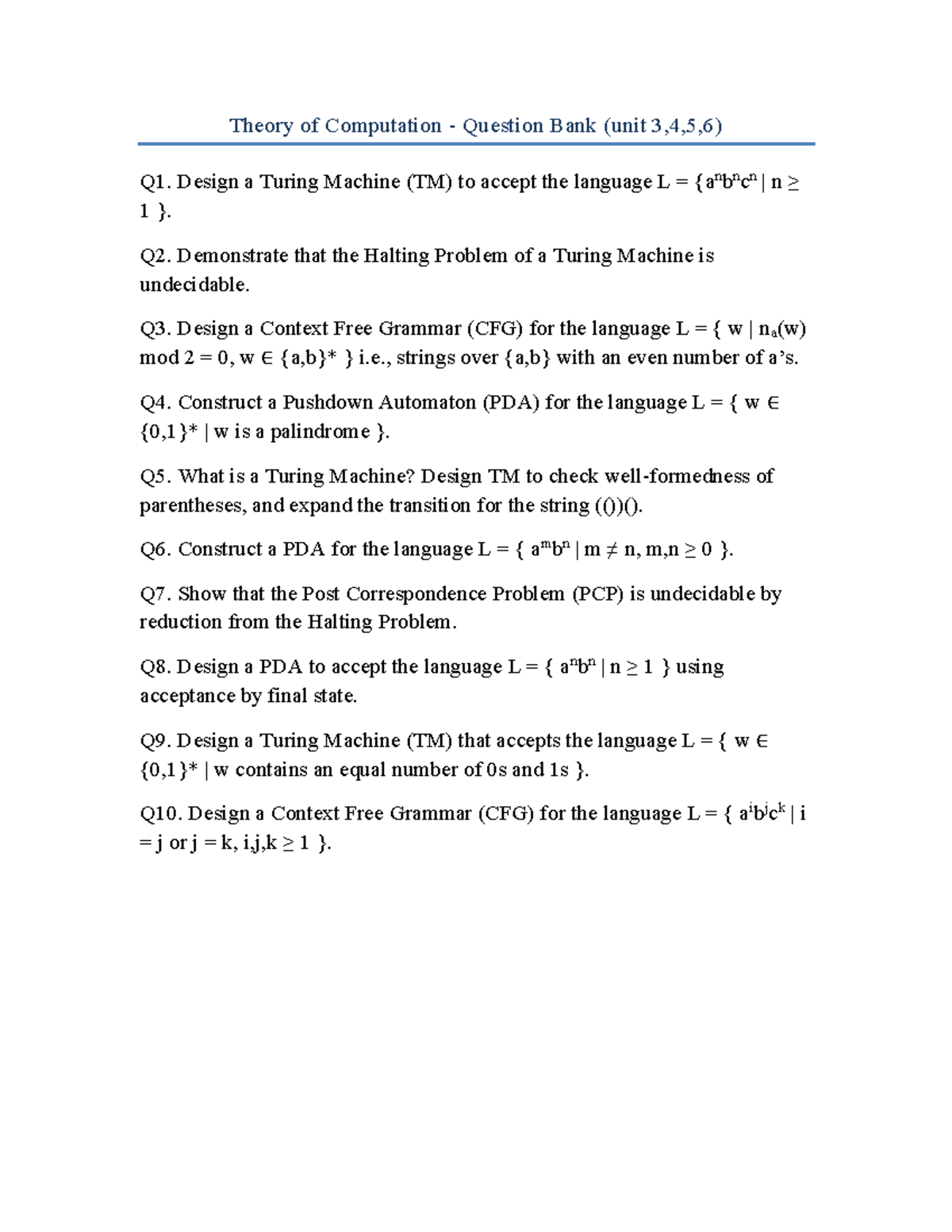 TOC Question Bank (Units 3-6) - Turing Machines & Automata - Studocu