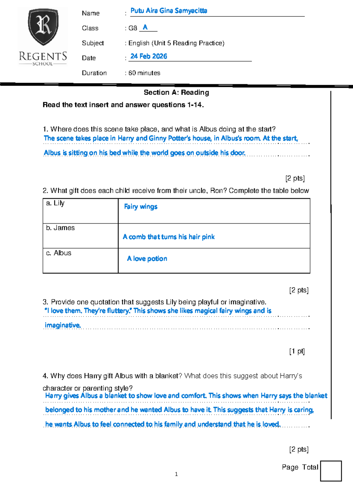 G8 English Unit 5 Reading & Writing Practice: Albus & Harry's Conflict ...