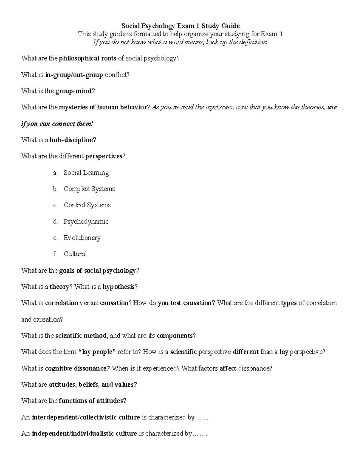 SOP3004F25E1 Study Guide: Social Psychology Exam 1 Review - Studocu
