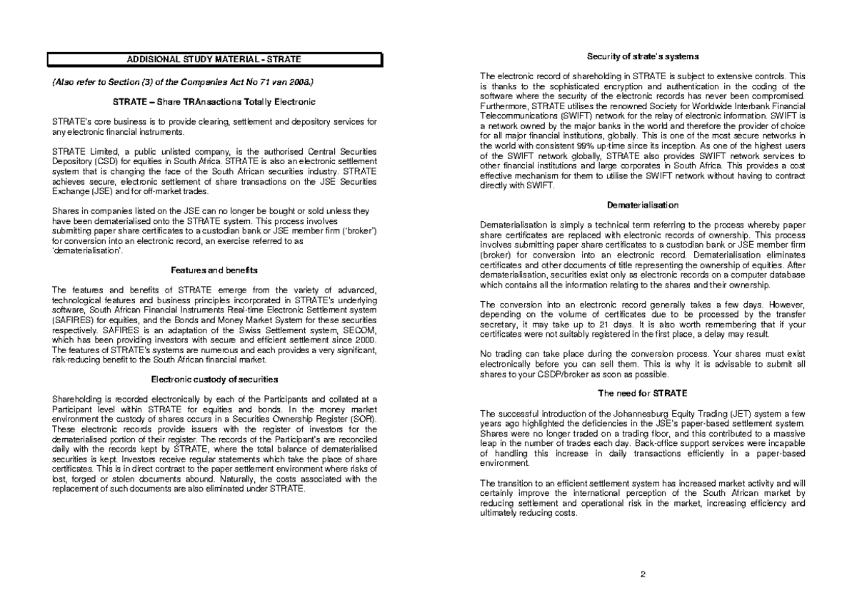 Additional Study Material on STRATE: Clearing & Settlement Insights ...