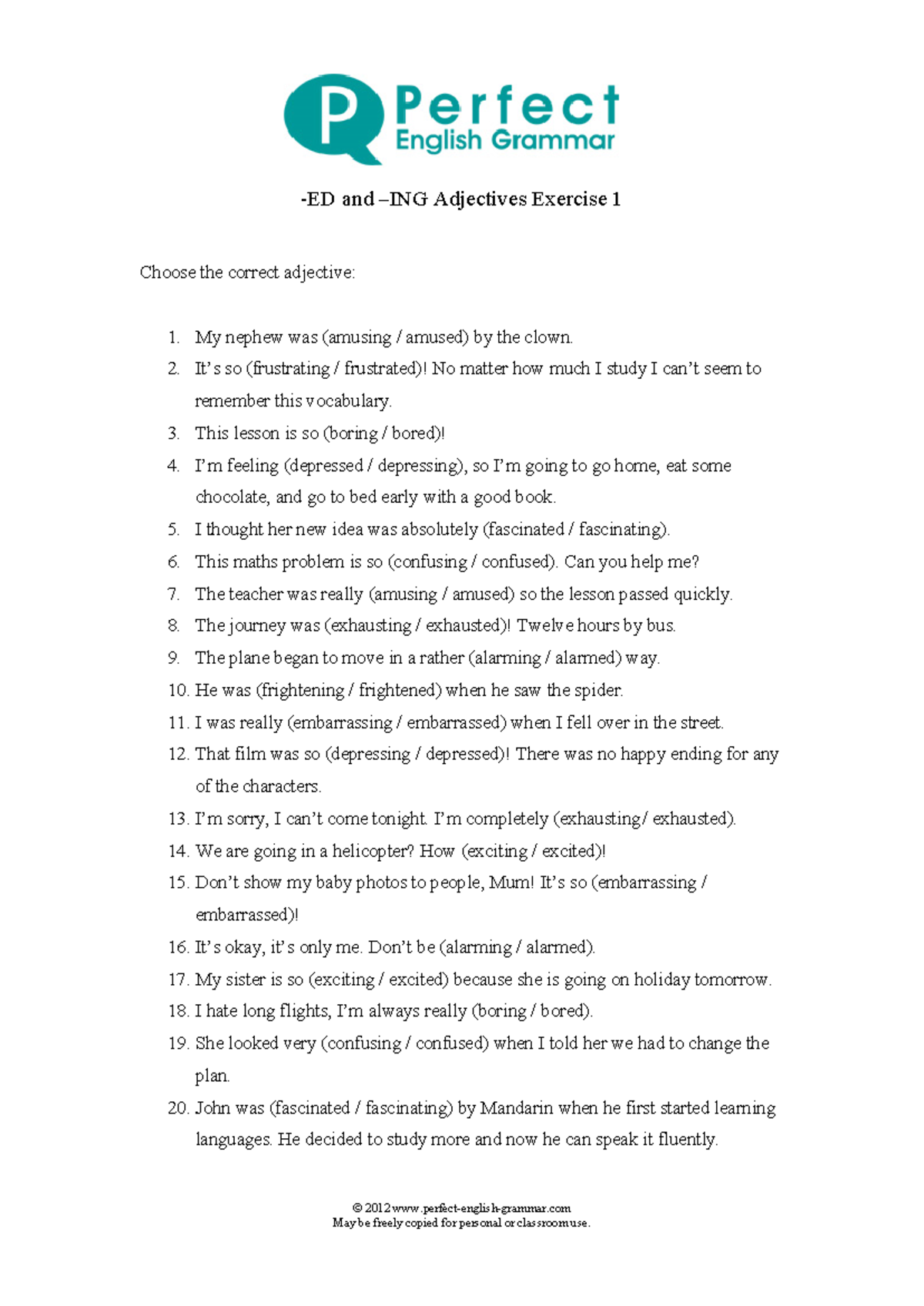 ED and ING Adjectives Exercise for English Language Learners - Studocu