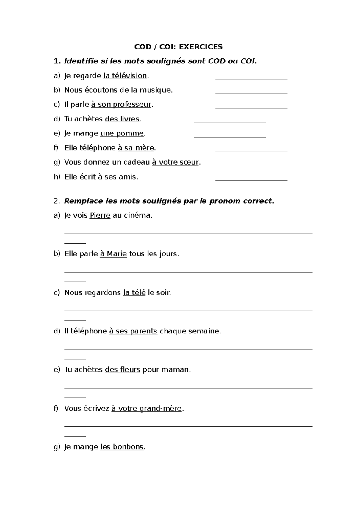 Exercice COD COI: Pronom et Transformation des Phrases - Studocu