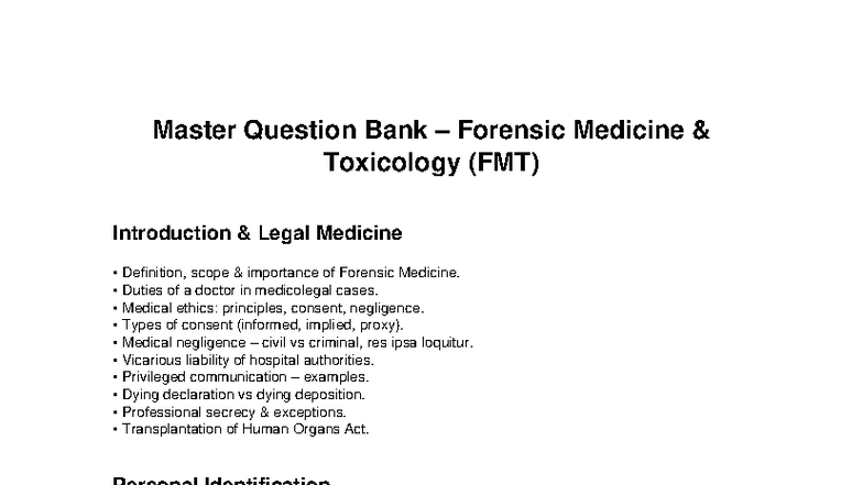 FMT Master Question Bank: Forensic Medicine & Toxicology Overview - Studocu