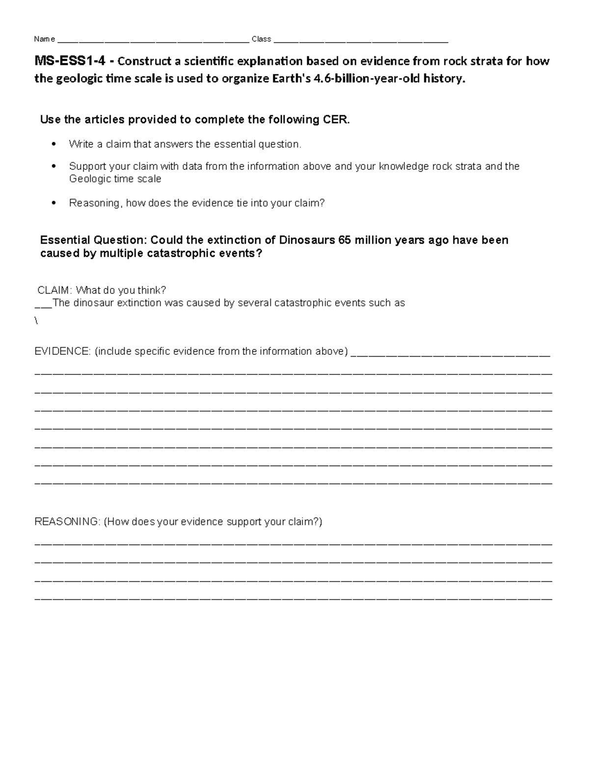 MS-ESS1-4 Final Exam: Dinosaur Extinction CER Revised - Studocu