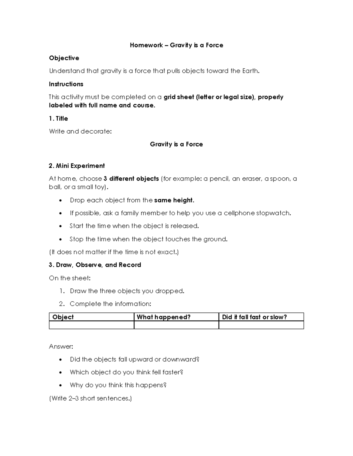 Homework - Gravity is a Force Experiment Instructions - Studocu
