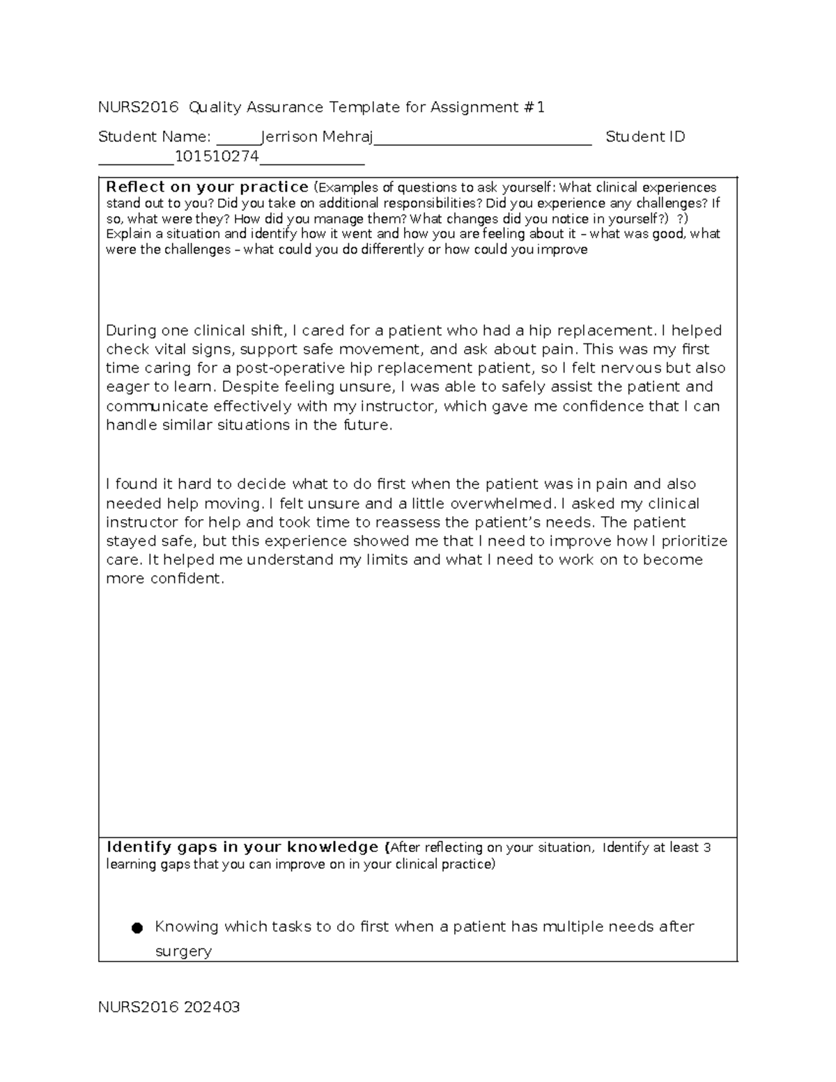 NURS2016 - Quality Assurance Reflection Template for Clinical Practice ...