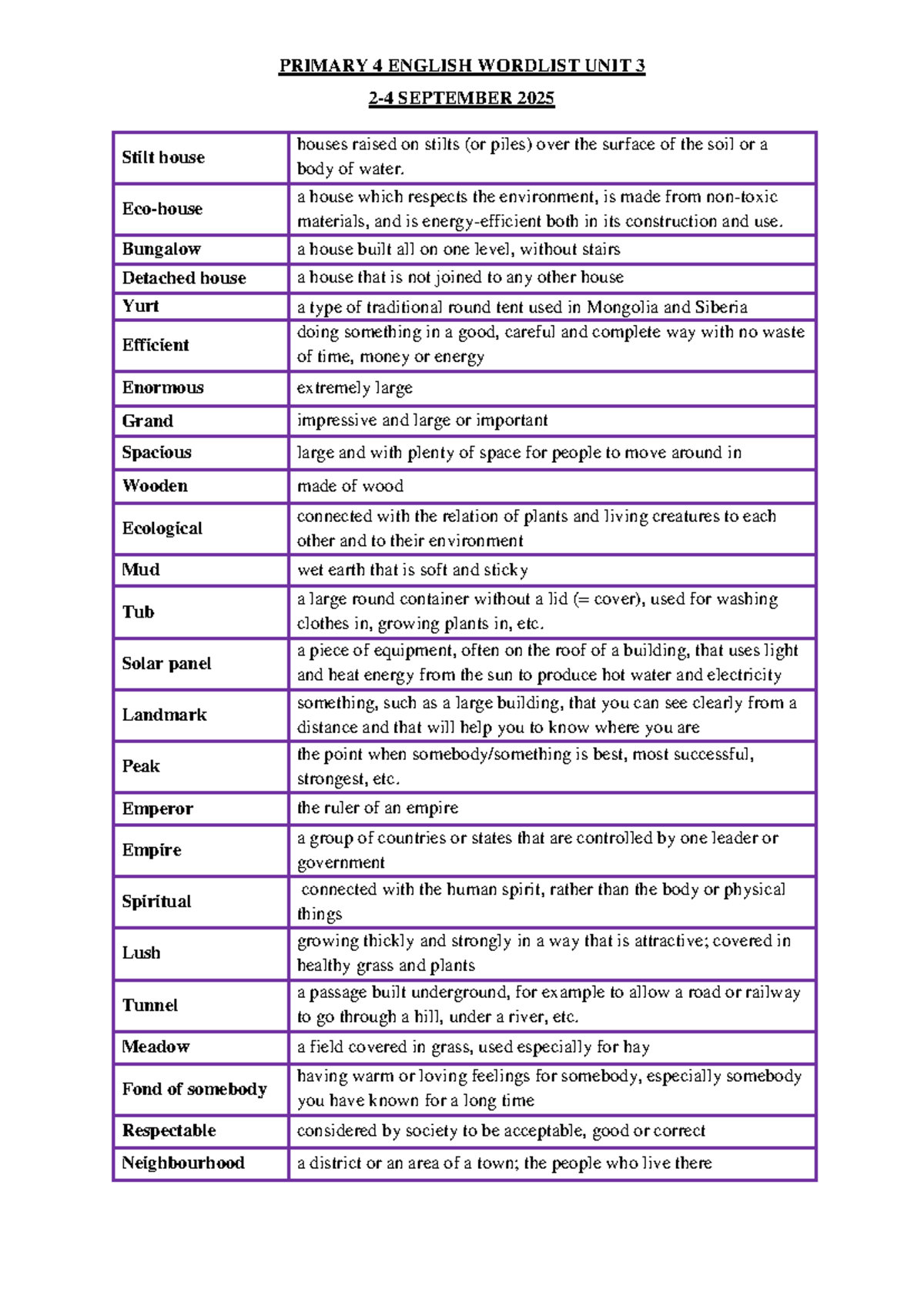 P4 English Wordlist Unit 3 - Vocabulary for September 2025 - Studocu
