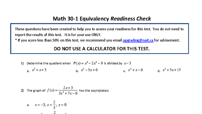 Math 30-1 Equivalency Readiness Self-Assessment - Studocu