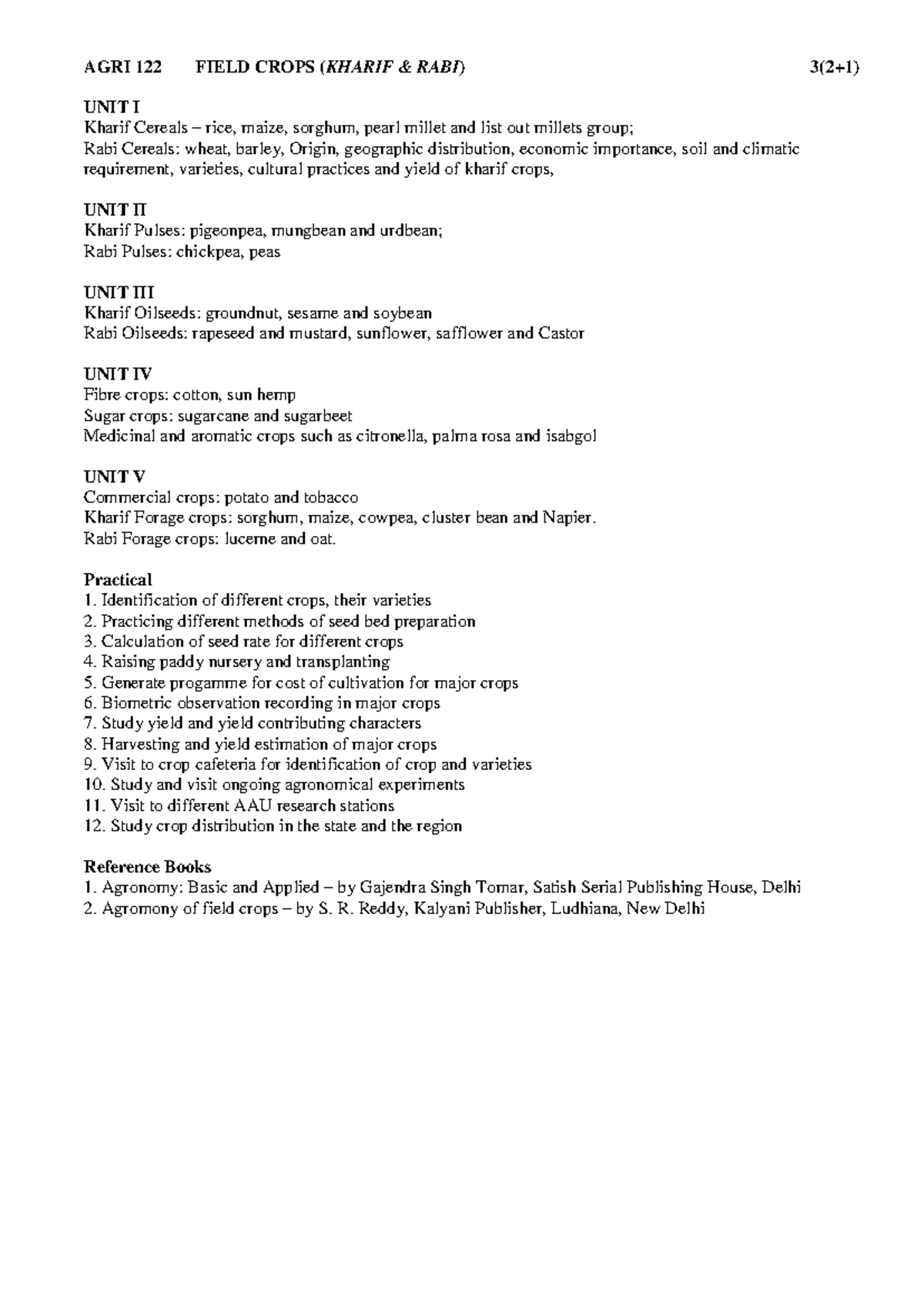 Field Crops (Kharif Rabi) - AGRI 122 FIELD CROPS (KHARIF & RABI) 3(2+1 ...