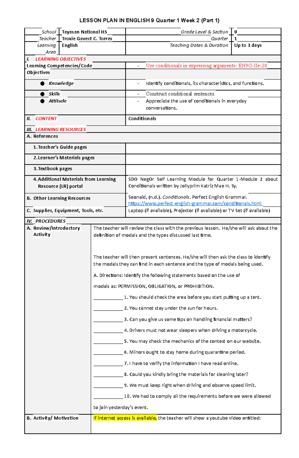 G9-Q1-Week2-Lesson Plan on Conditionals (Part 1) - Studocu