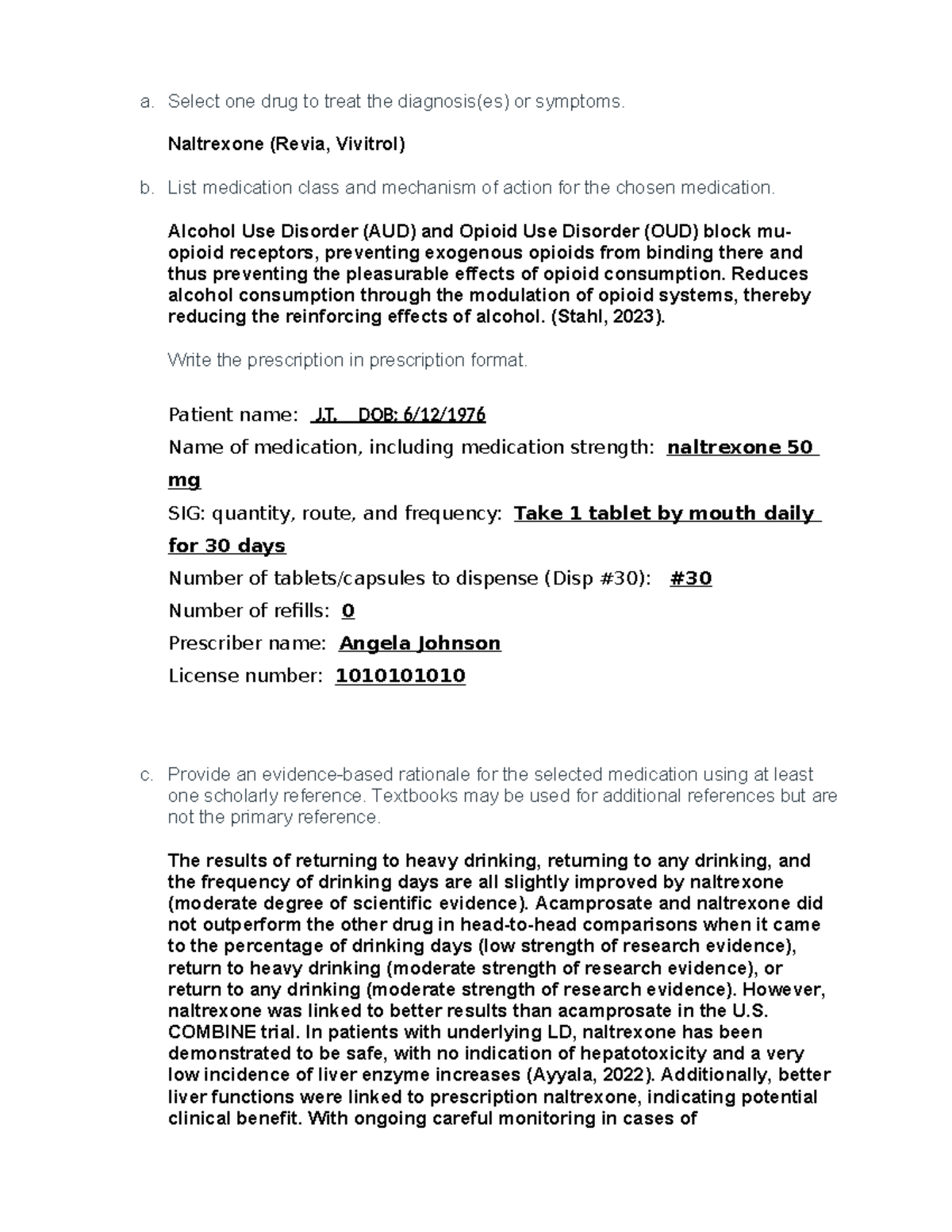 Week 6 Case study - a. Select one drug to treat the diagnosis(es) or ...
