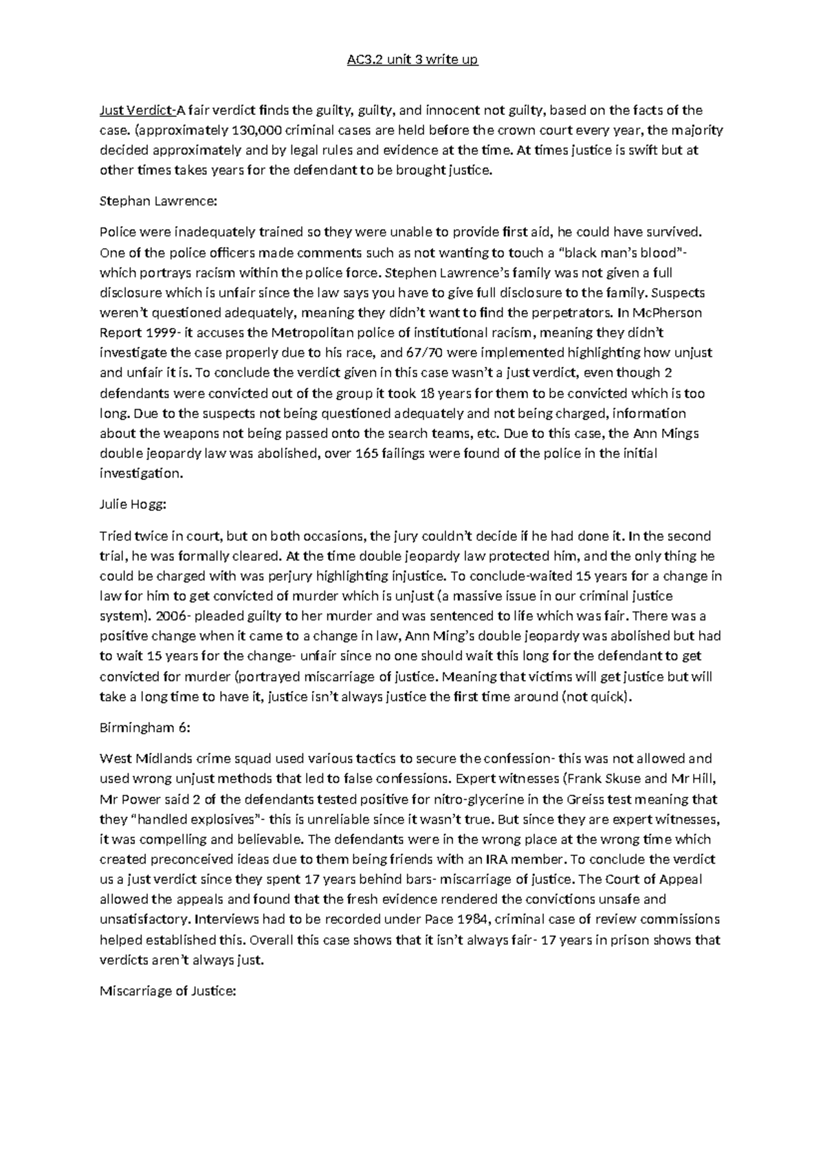 AC3.2 Unit 3: Analysis of Miscarriages of Justice in Notable Cases ...