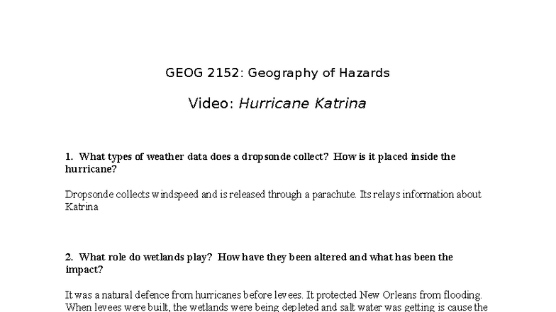 GEOG 2152: Video Questions on Hurricane Katrina's Impact and Data - Studocu
