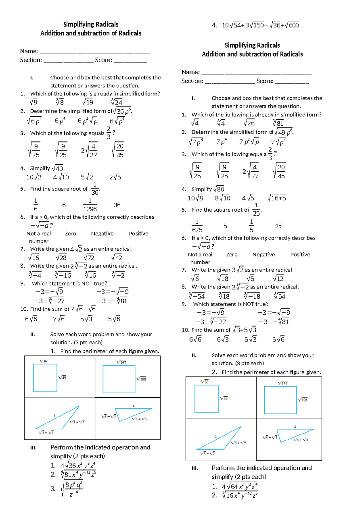 Addition of Radicals Worksheet - Advanced Topics in Algebra - Studocu
