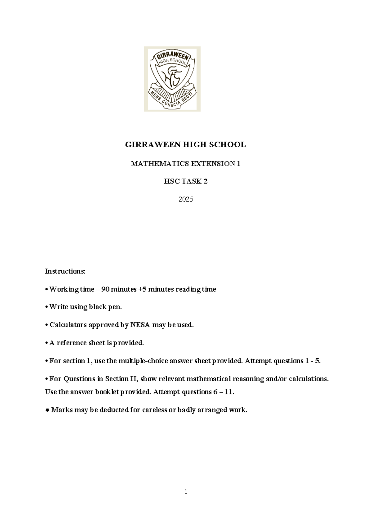 Year 12 Mathematics Extension 1 HSC Task 2 Test 2025 Questions - Studocu