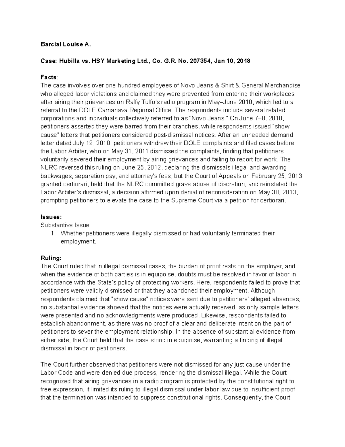 Case Study: Hubilla vs. HSY Marketing Ltd., Co. G.R. No. 207354 - Studocu