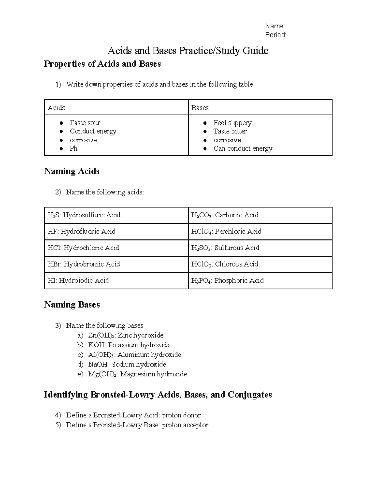 Study Guide - Acids and Bases Properties & Naming (Chem 101) - Studocu