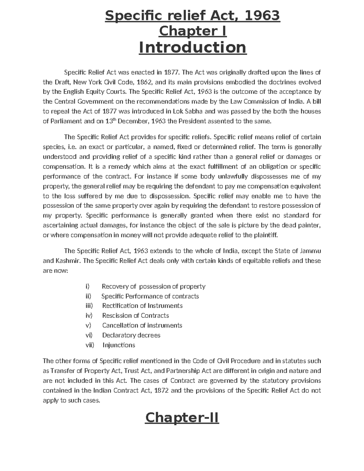 Specific Relief Act, 1963: Chapter I Overview and Key Provisions - Studocu