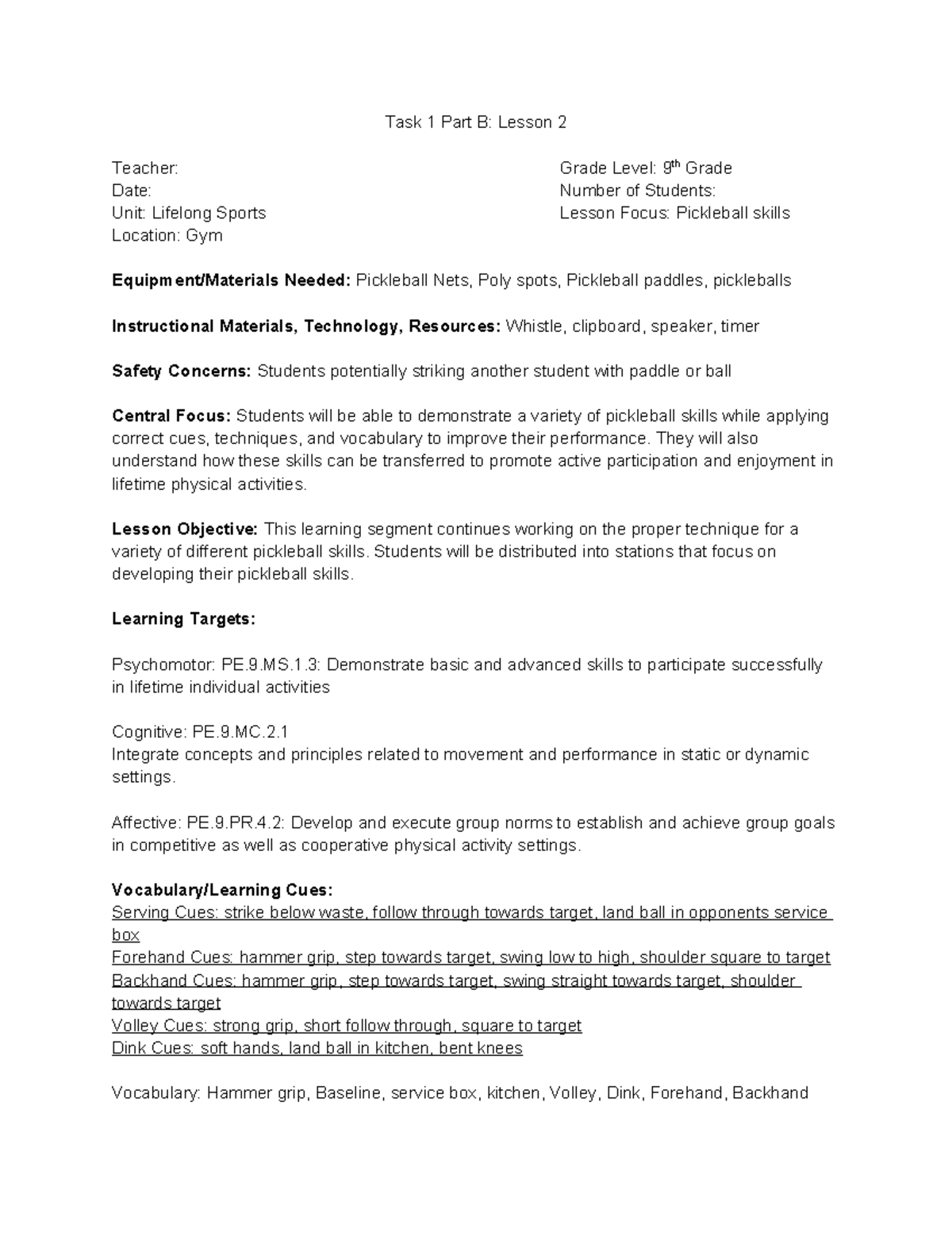 Pickleball Skills Lesson Plan: PE 9th Grade Unit Draft - Studocu