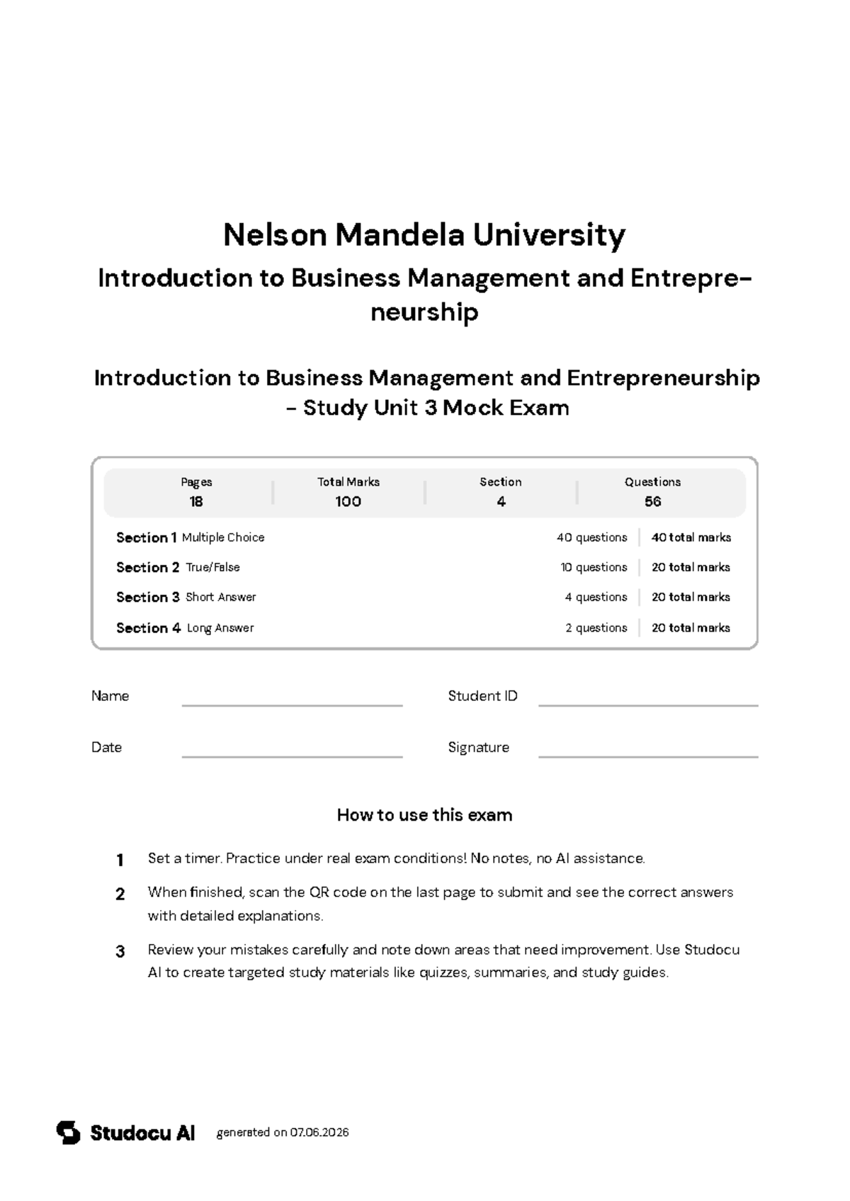 Introduction to Business Management - Study Unit 3 Mock Exam - Studocu