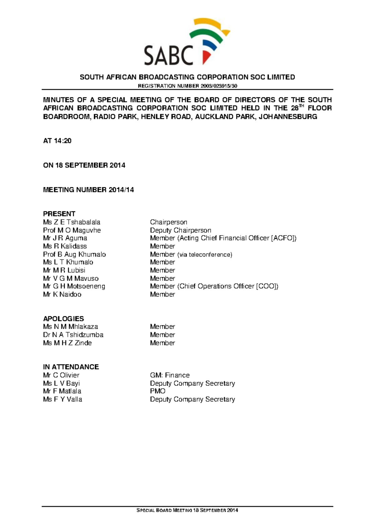 Special Board Meeting Minutes - SABC - 18 Sept 2014 - Studocu