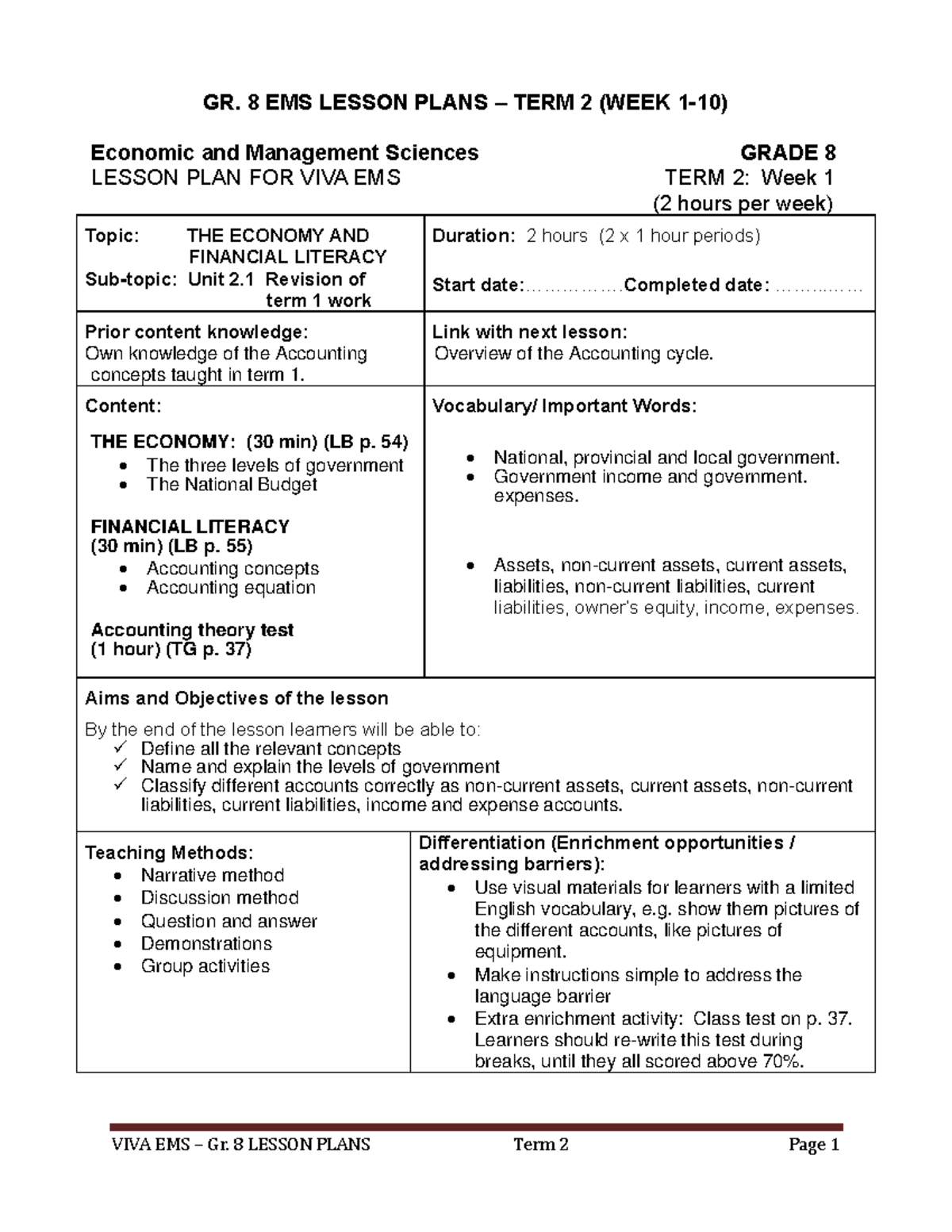 VIVA EMS Gr. 8 Lesson Plans Term 2: Weeks 1-10 Overview - Studocu