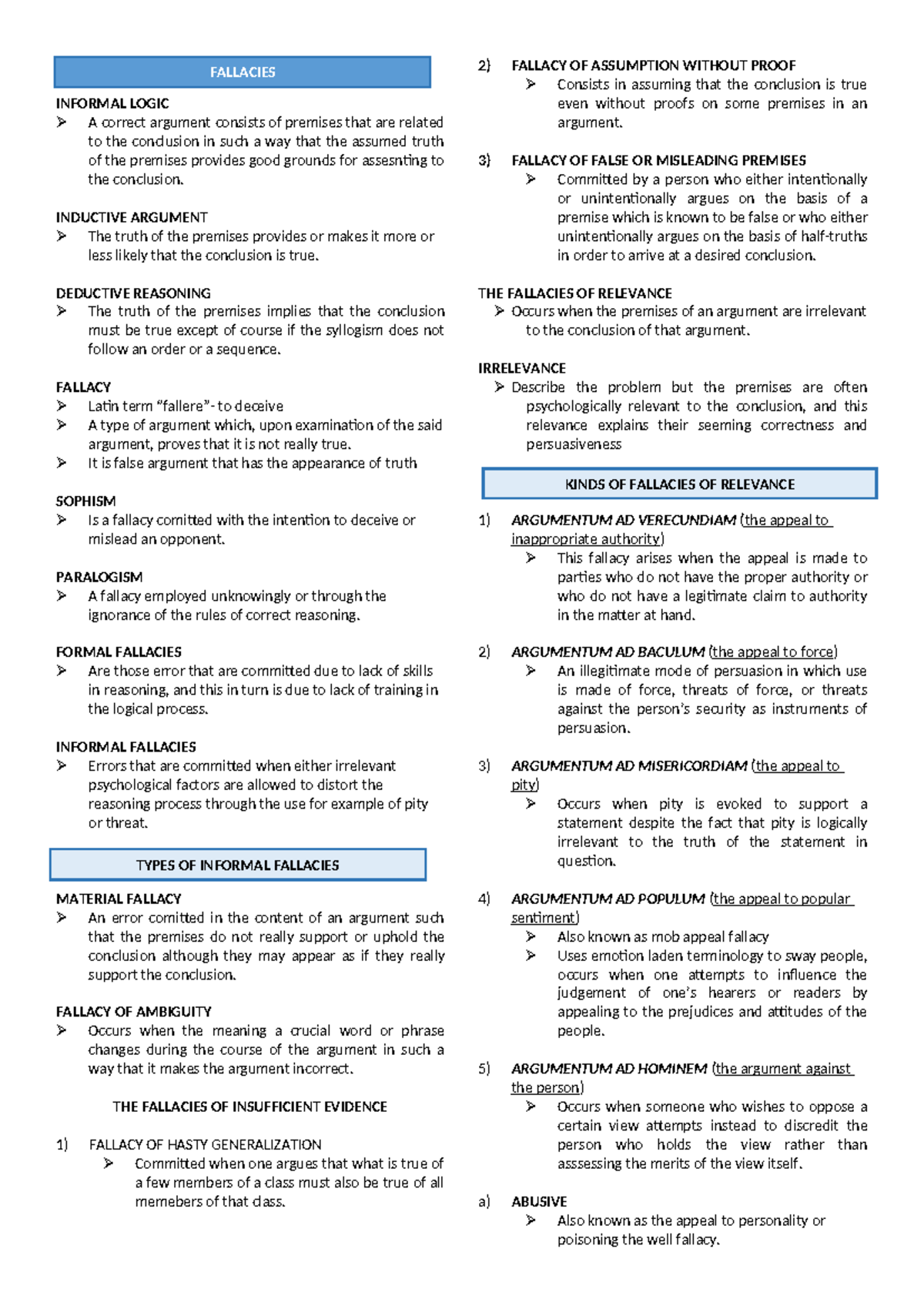 Logic MID Review - Fallacies in Informal Logic - Studocu