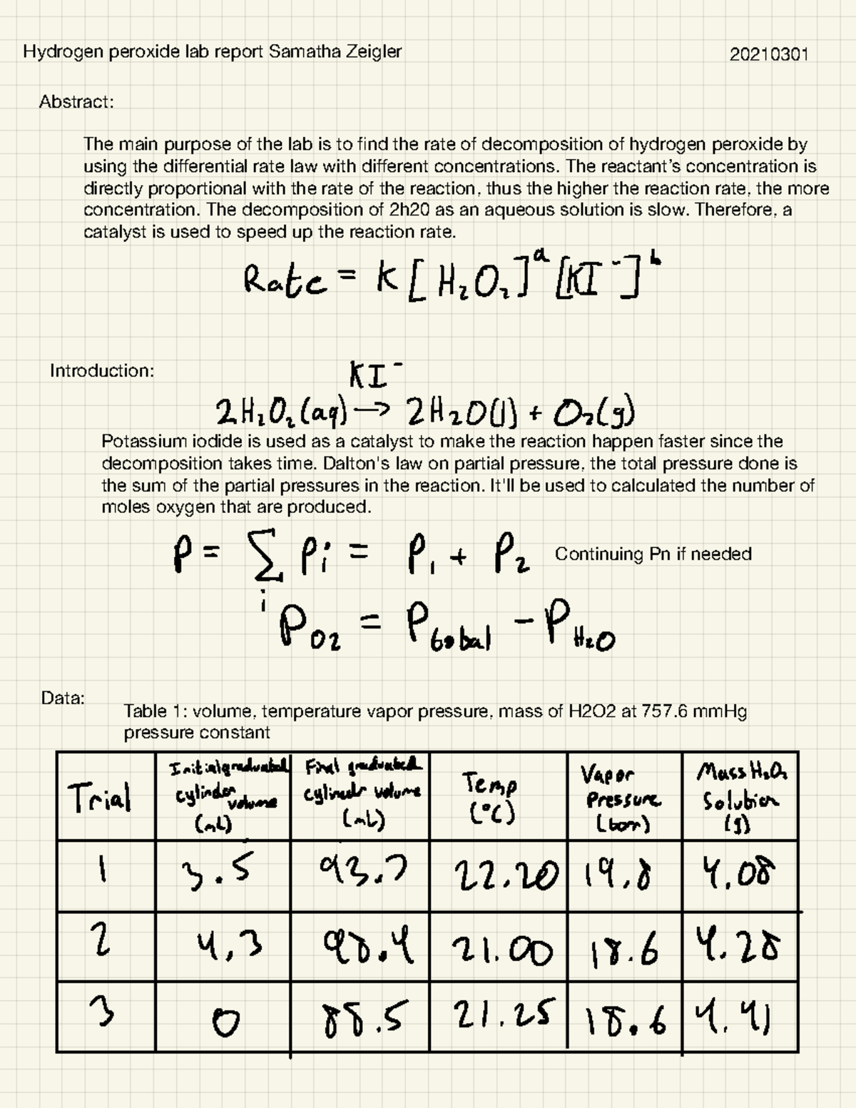 Hydrogen Peroxide Decomposition Lab Report (CHEM101) - Studocu