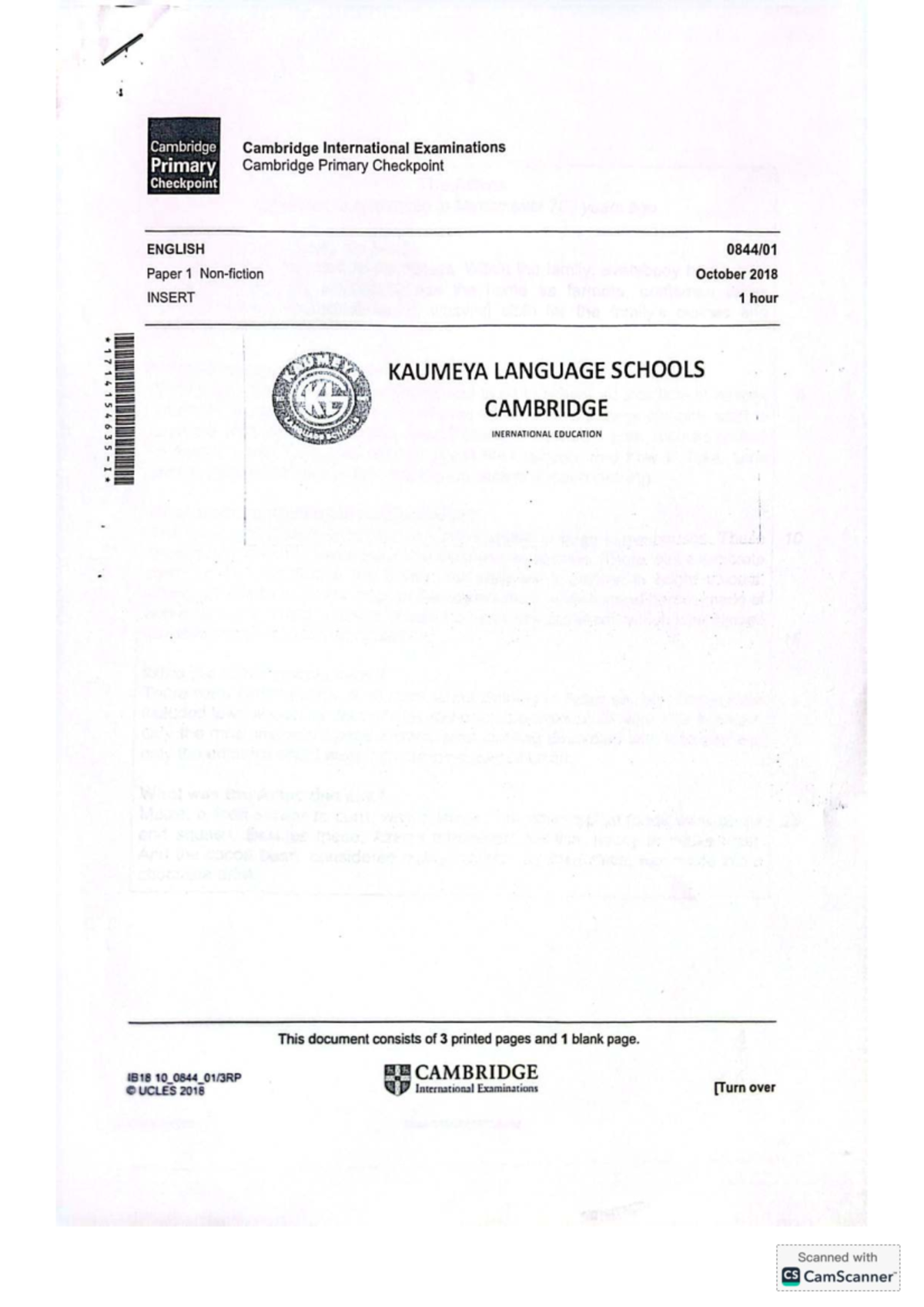 Cambridge Primary Checkpoint ENGLISH Paper 1 - October 2018 Analysis ...