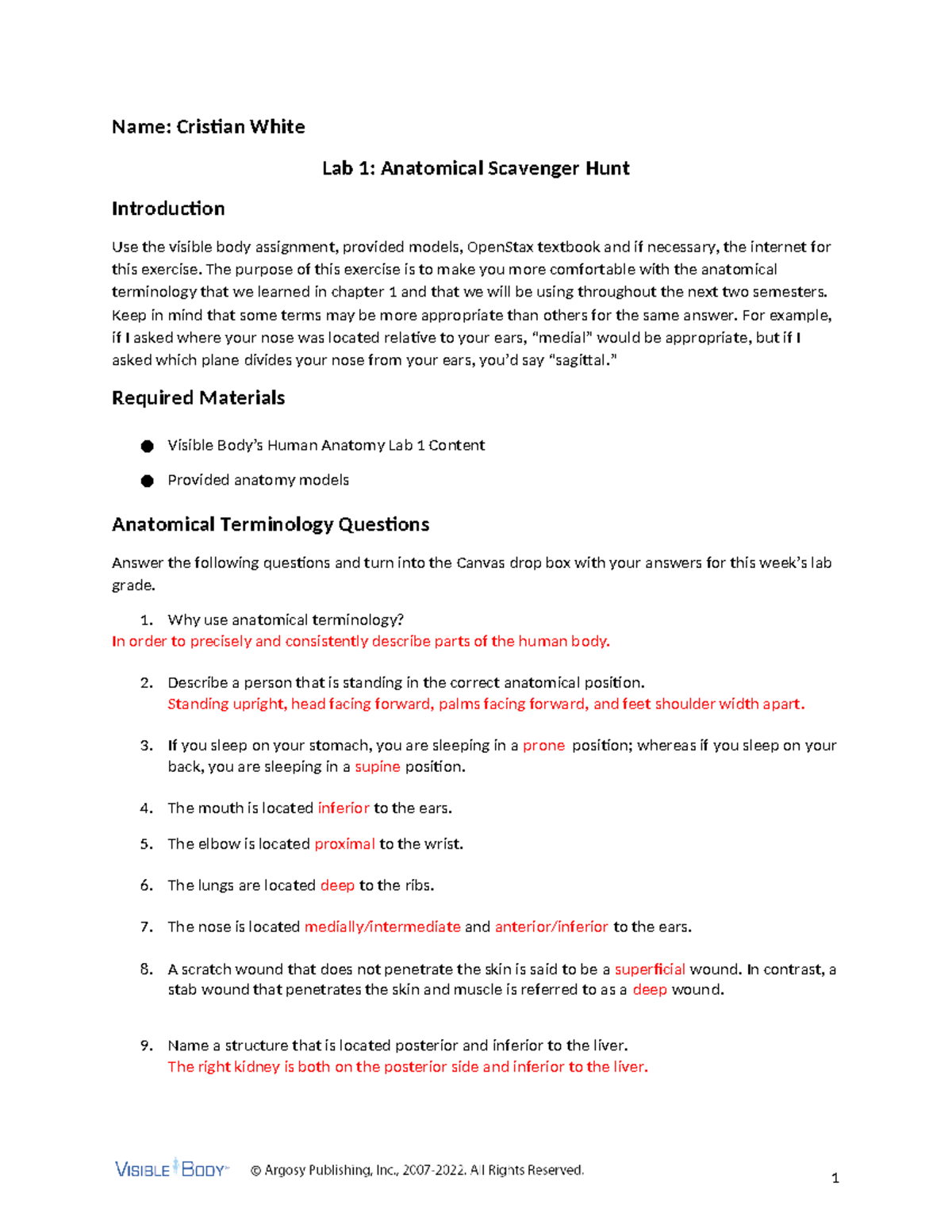 Lab 1: Anatomical Scavenger Hunt - Terminology & Concepts - Studocu