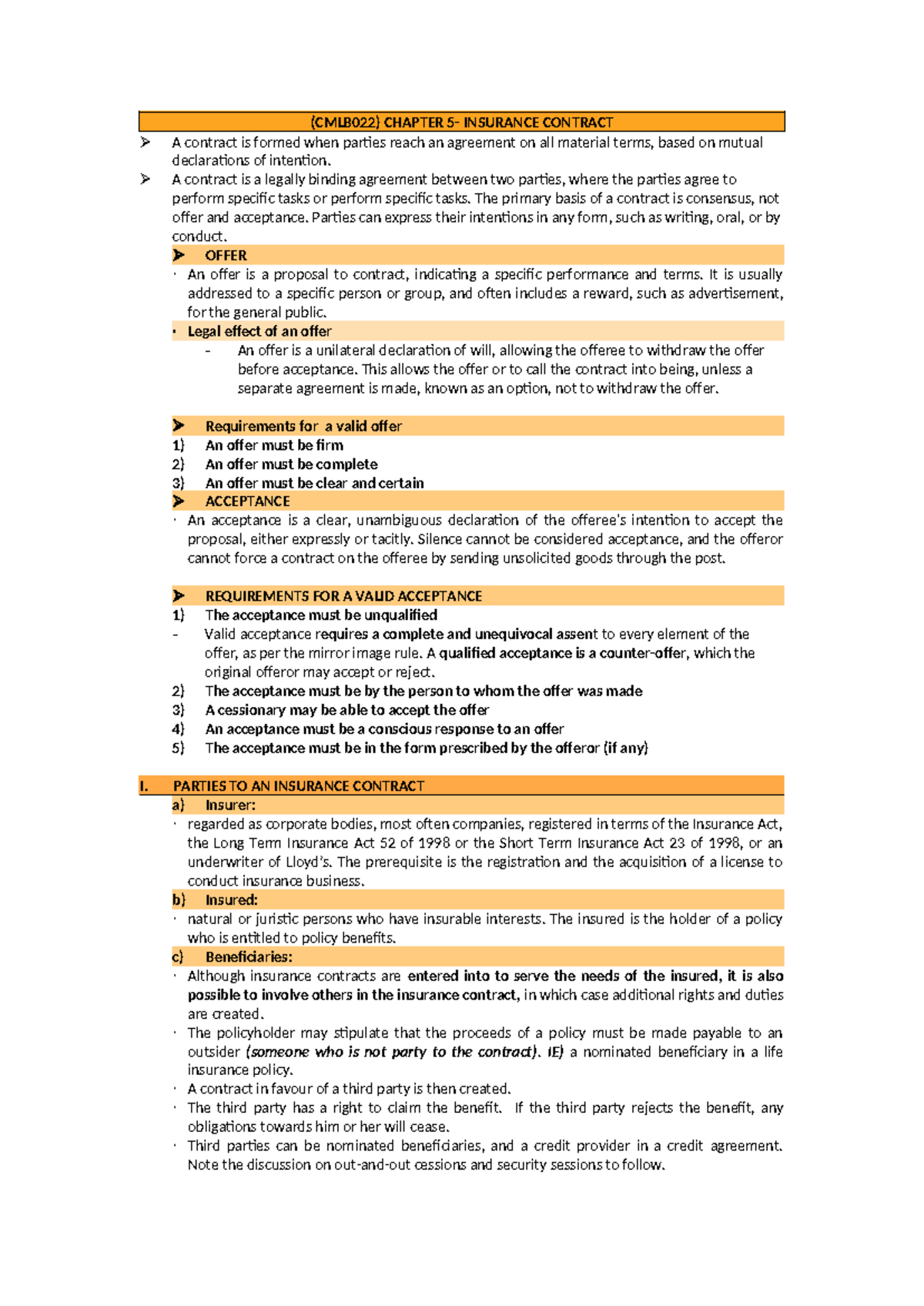 (CMLB022) Chapter 5: Understanding Insurance Contracts - Studocu