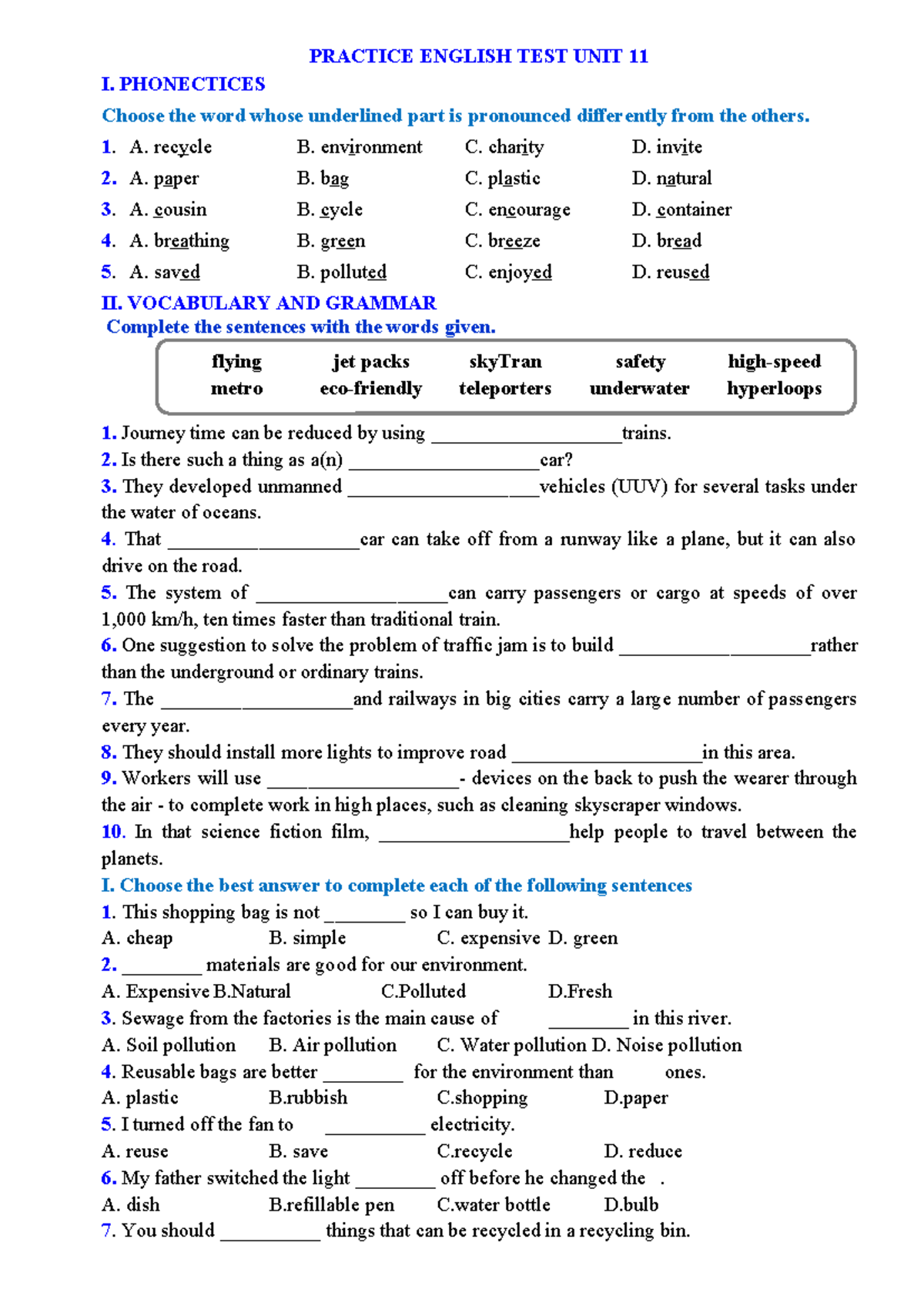 Unit 11 - English 7 Practice Test: Vocabulary & Grammar - Studocu