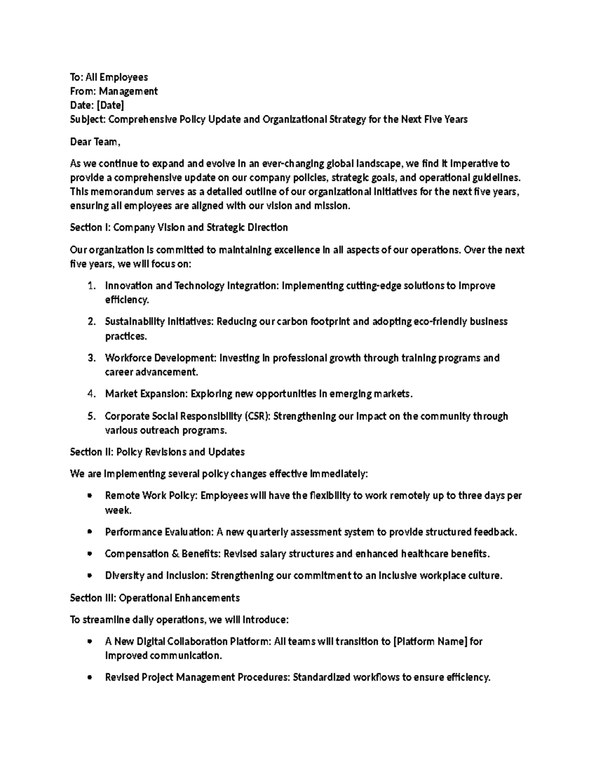 Memo: Comprehensive policy update and organizational strategy - Studocu