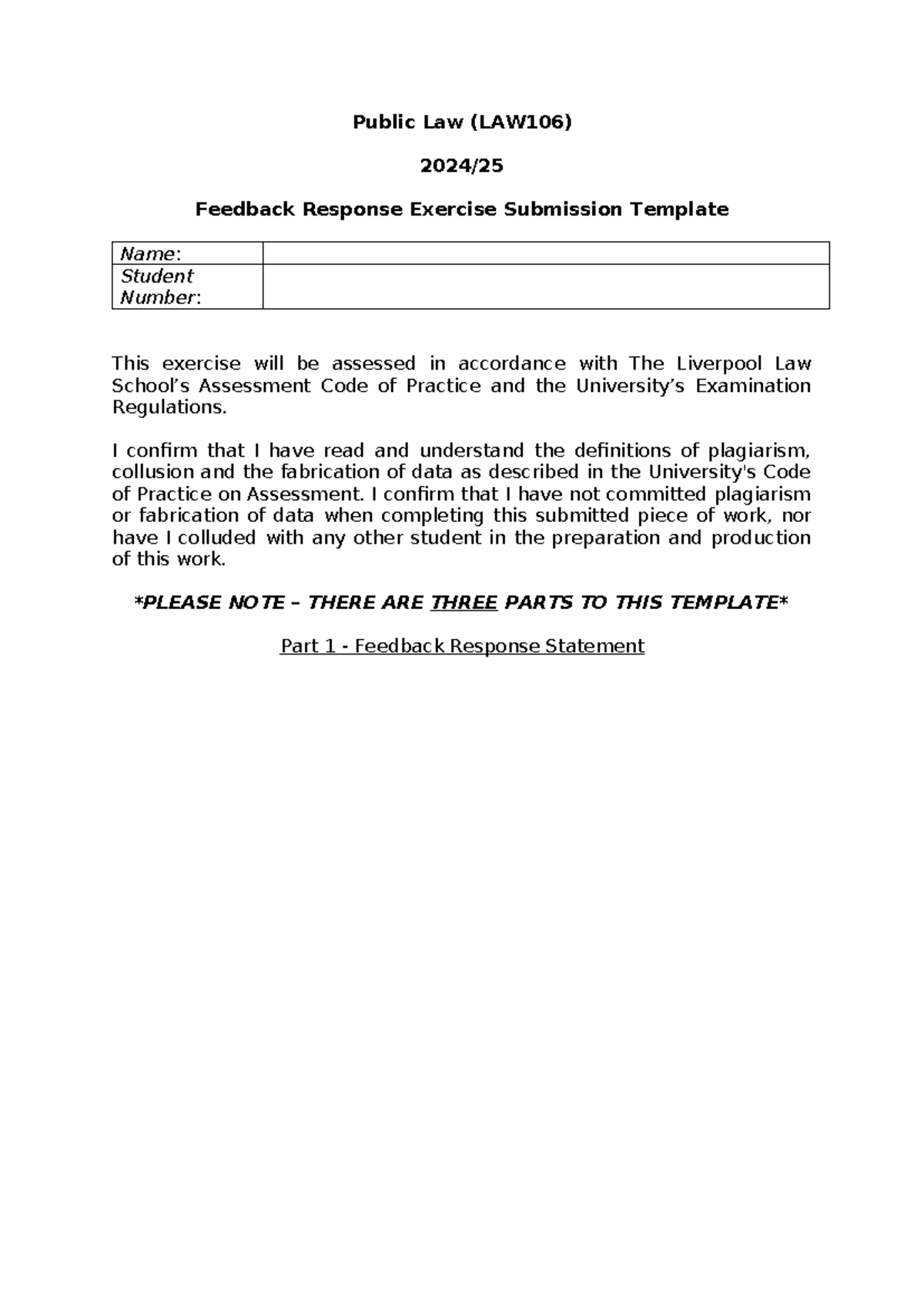 Public Law (LAW106) Feedback Response Exercise Template 2024-25 - Studocu