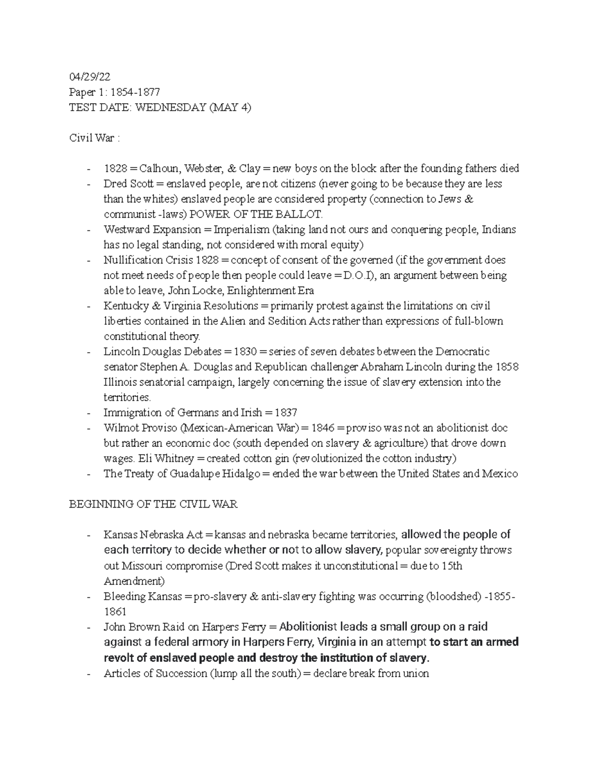 AICE U.S. History Paper 1 Study Notes (Civil War & Reconstruction ...