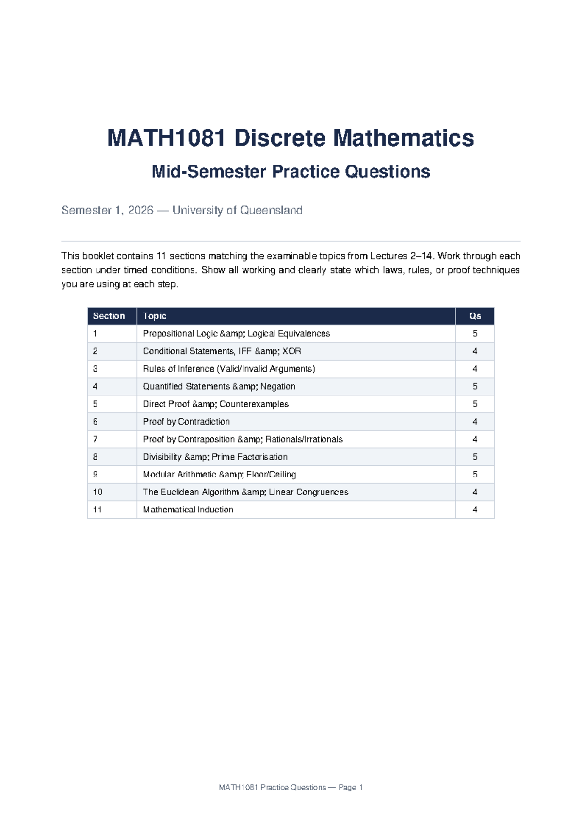 MATH1081 Discrete Mathematics Practice Questions for Semester 1, 2026 ...