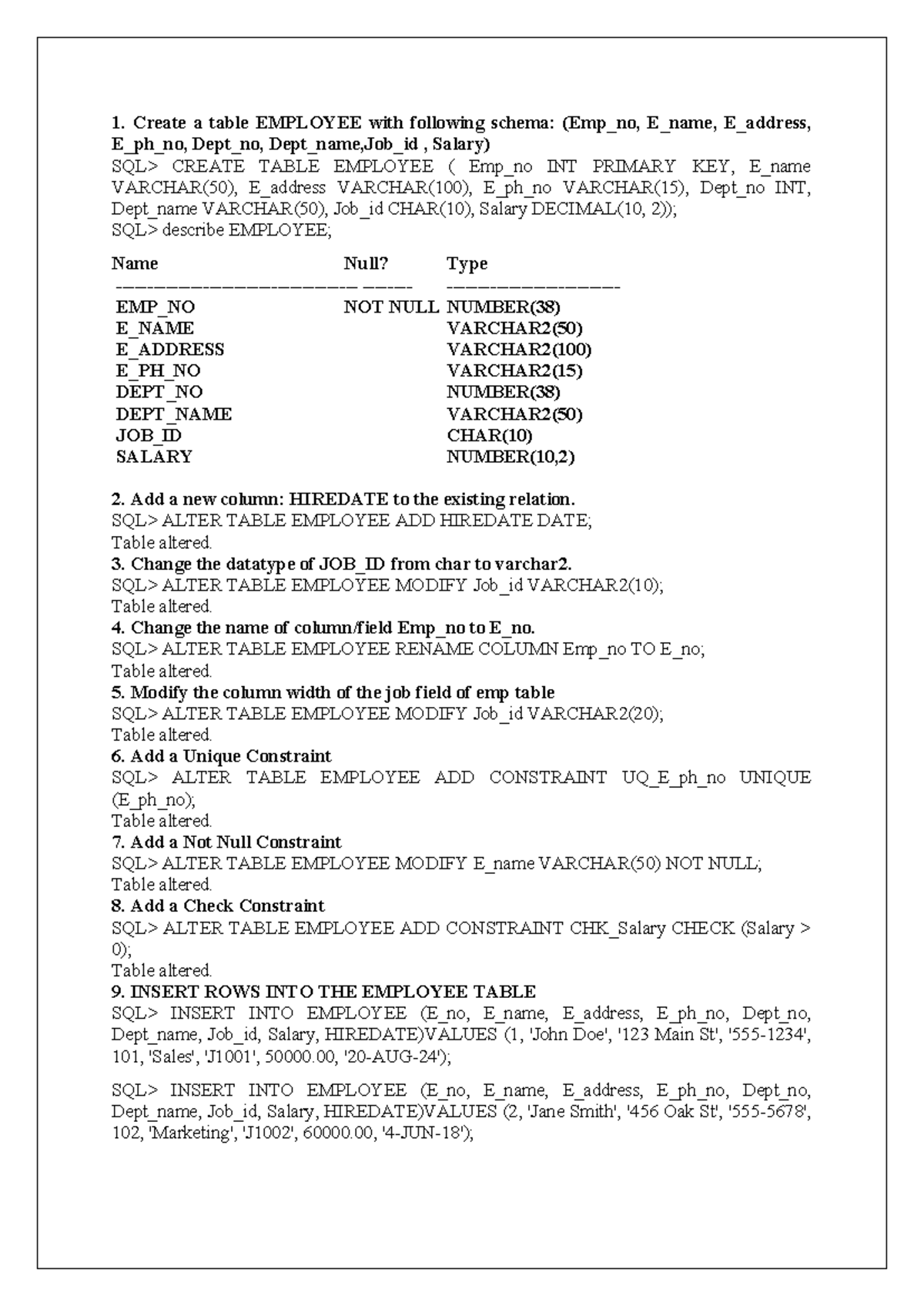 CS101 - LAB MANUAL: SQL Table Operations for EMPLOYEE Schema - Studocu