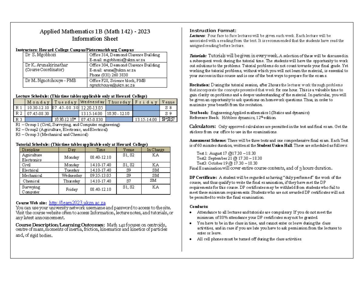 MATH142-Information Sheet for Applied Mathematics 1B - 2023 - Studocu
