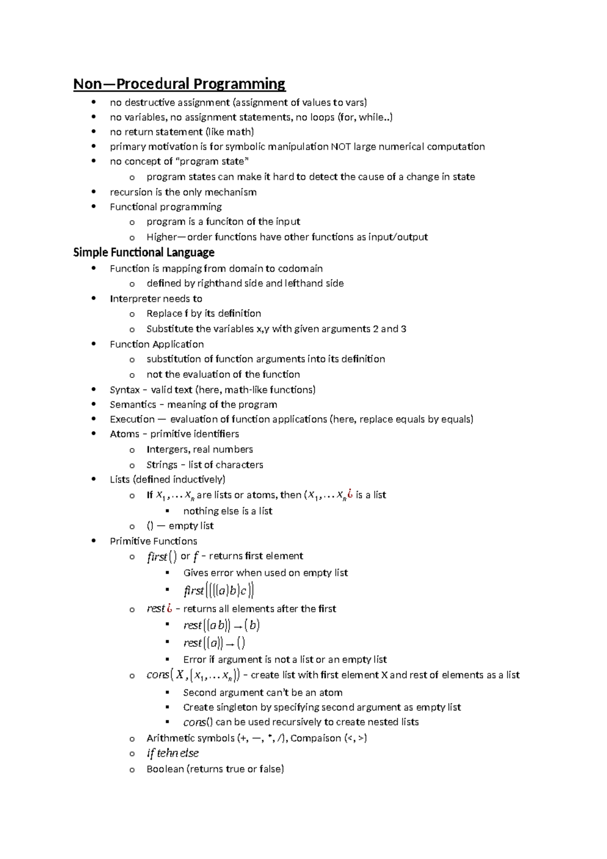 Cmput 325 Notes - Non—Procedural Programming no destructive assignment ...