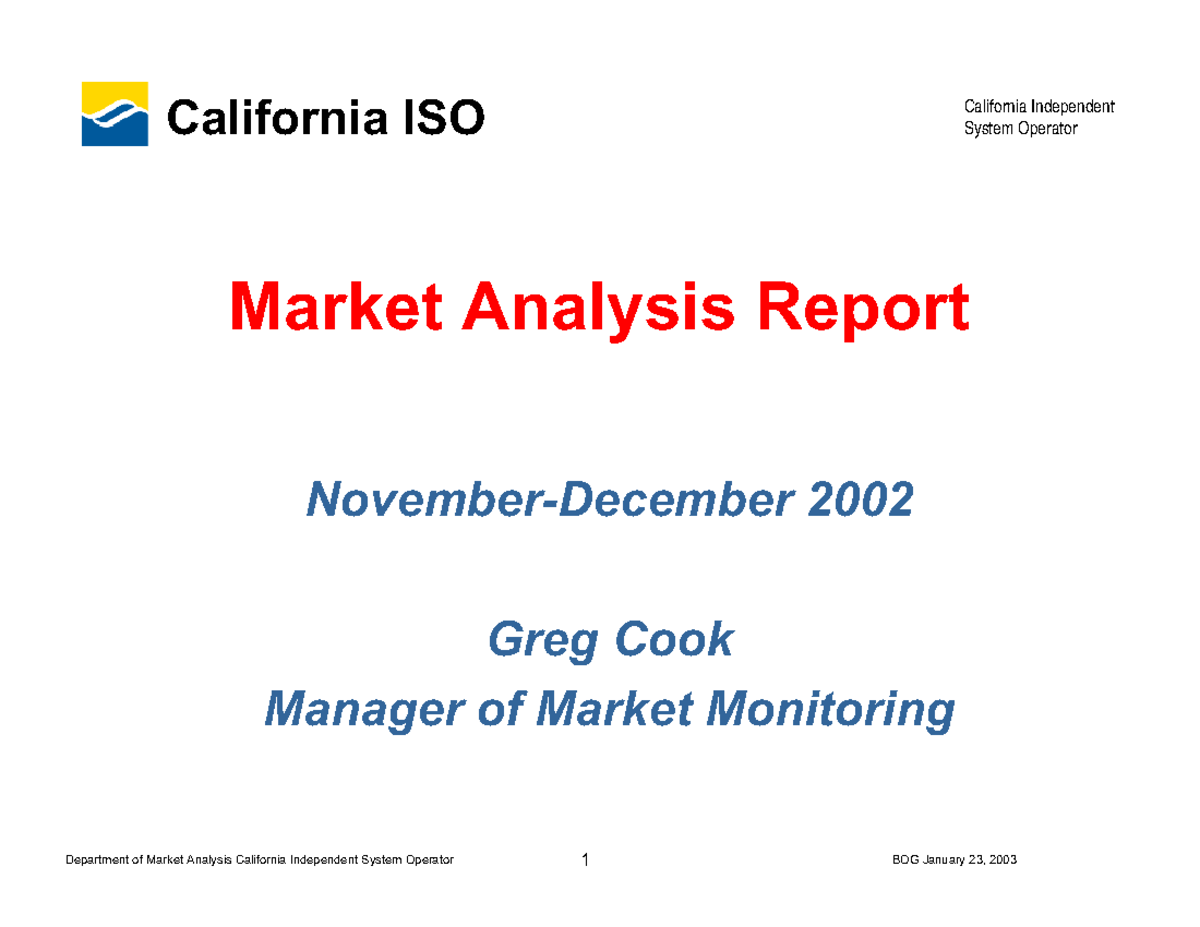 California ISO Market Analysis Report - Nov-Dec 2002 - Studocu