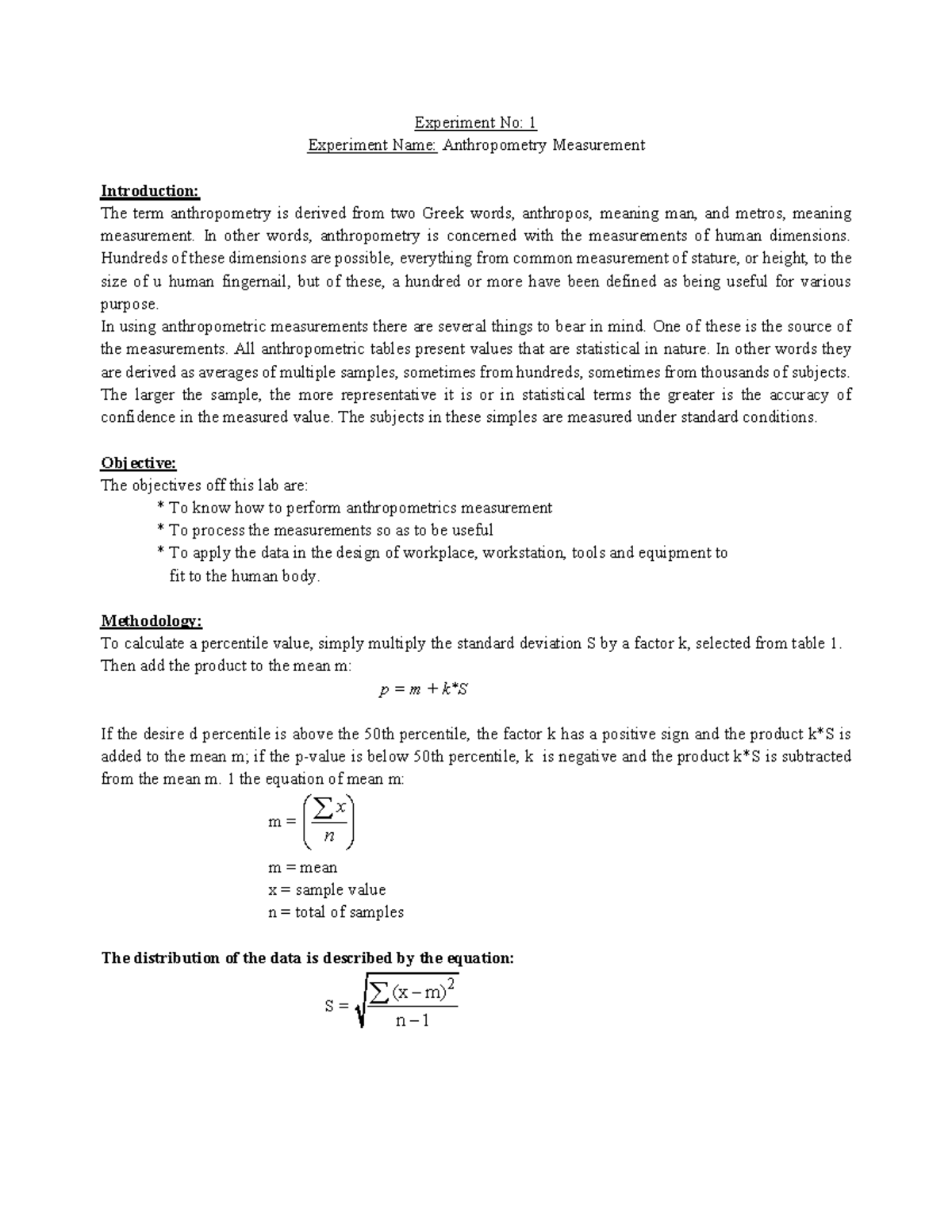 IPE 408: Anthropometry Measurement Experiment No. 1 - Studocu